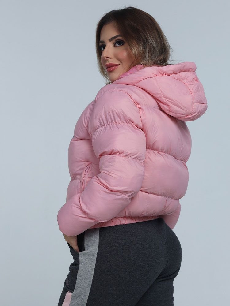 Jaqueta Feminina Nylon Puff Neon Gola Alta (Rosa)