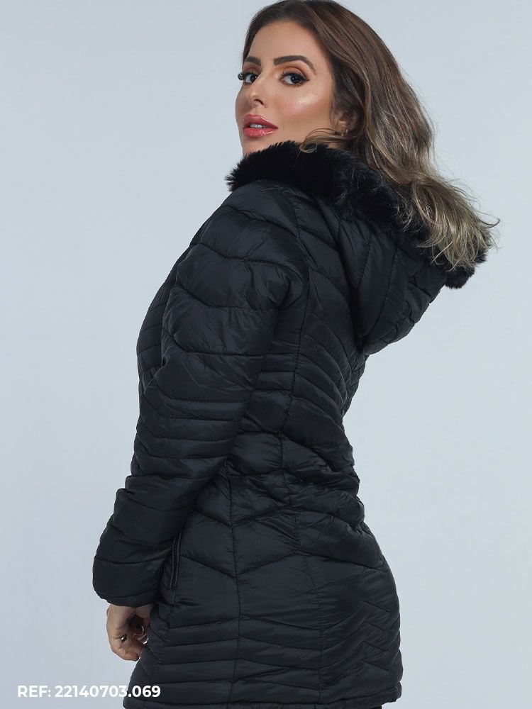 Jaqueta Feminina Nylon Alongada Capuz Peluciado (Rosa)