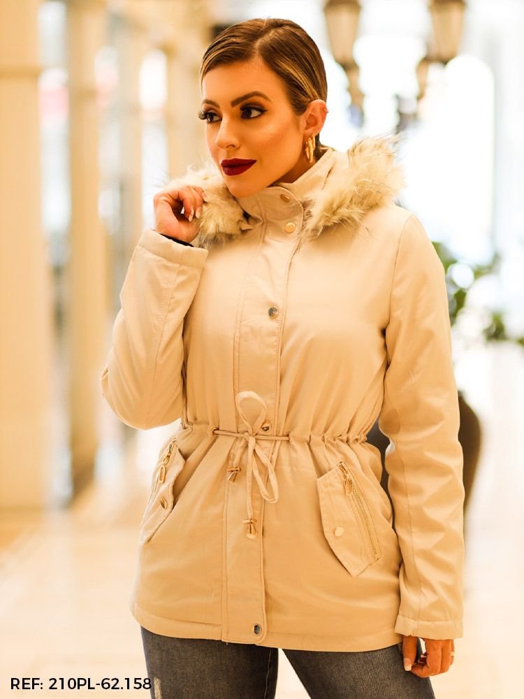 Parka Feminina Nylon Inverno Capuz Removível Peluciado Areia