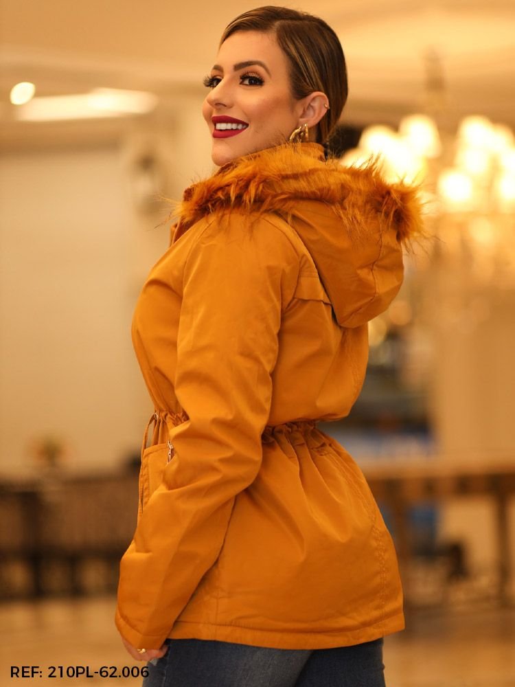 Parka Feminina Nylon Inverno Capuz Removível Peluciado Areia