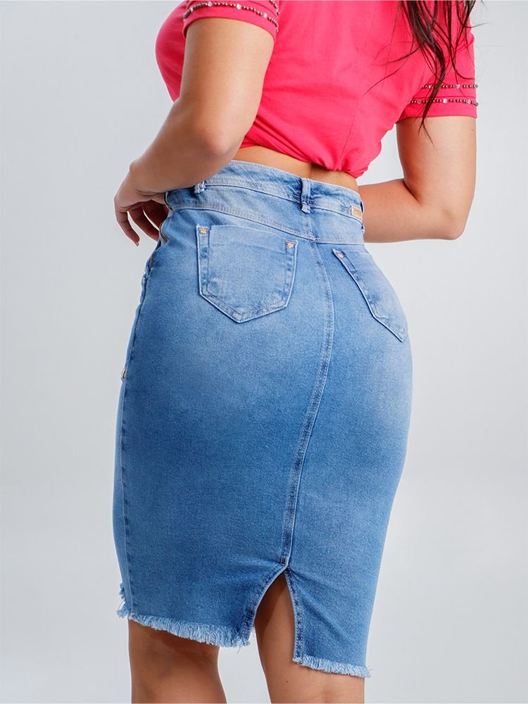 Saia Feminina Jeans Midi Bolso Alongado (Azul Claro)