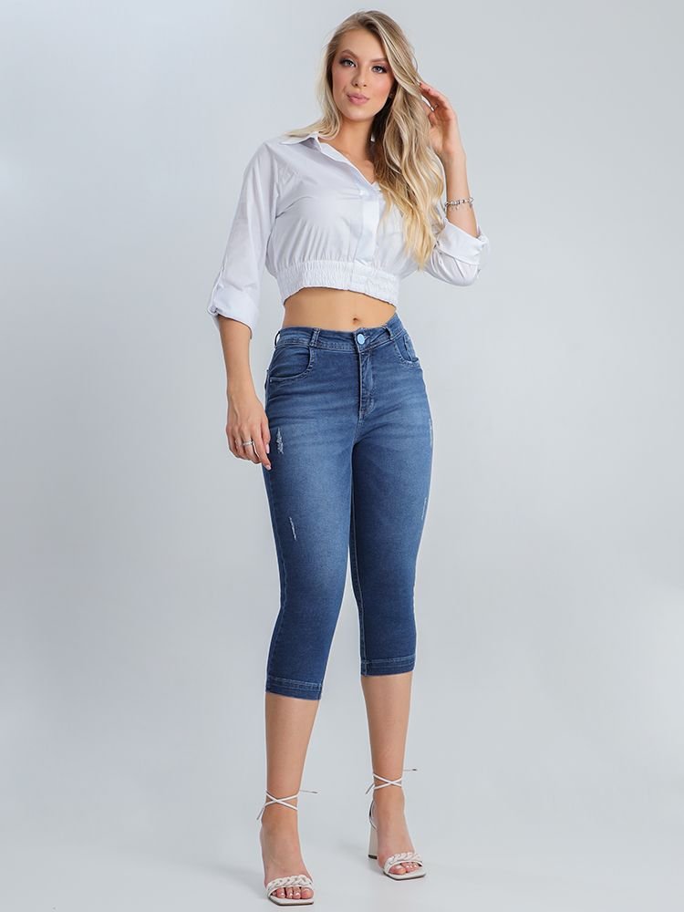 Calça Feminina Jeans Capri Niina Safira Botão Celeste (Azul)
