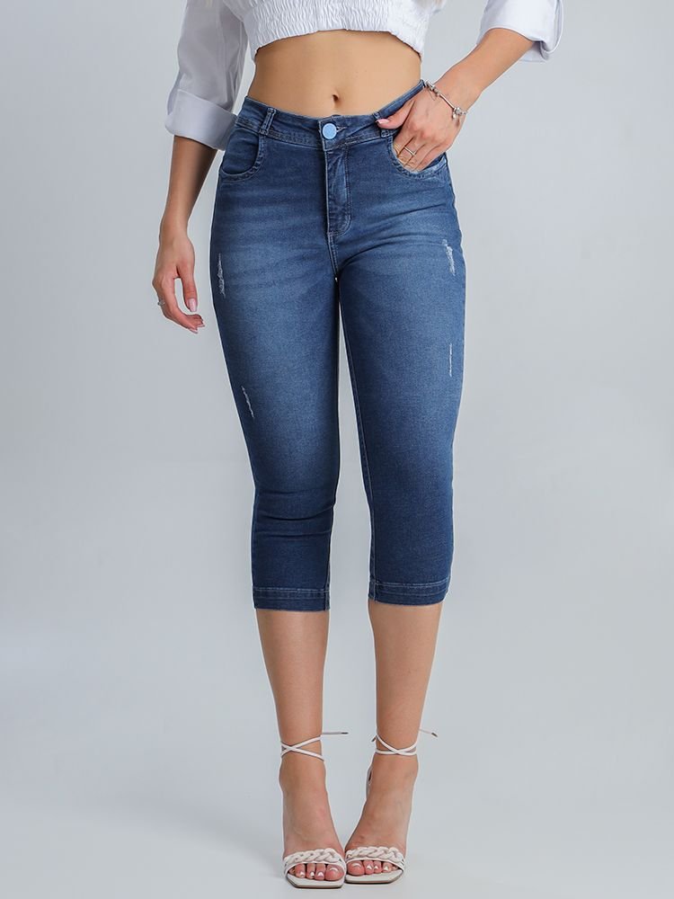 Calça Feminina Jeans Capri Niina Safira Botão Celeste (Azul)