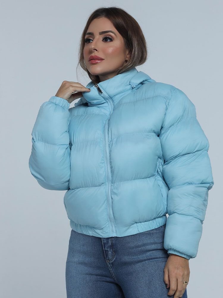 Jaqueta Feminina Nylon Puff Neon Gola Alta (Azul)