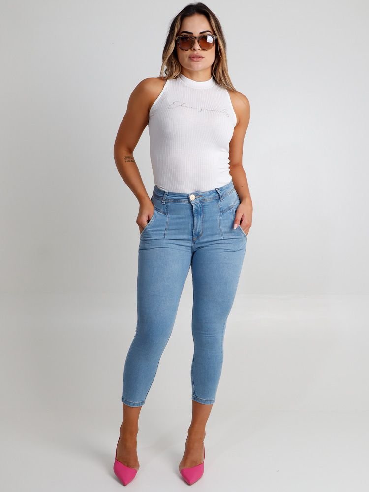 Calça Feminina Jeans Cropped Skinny Pregas Fronta