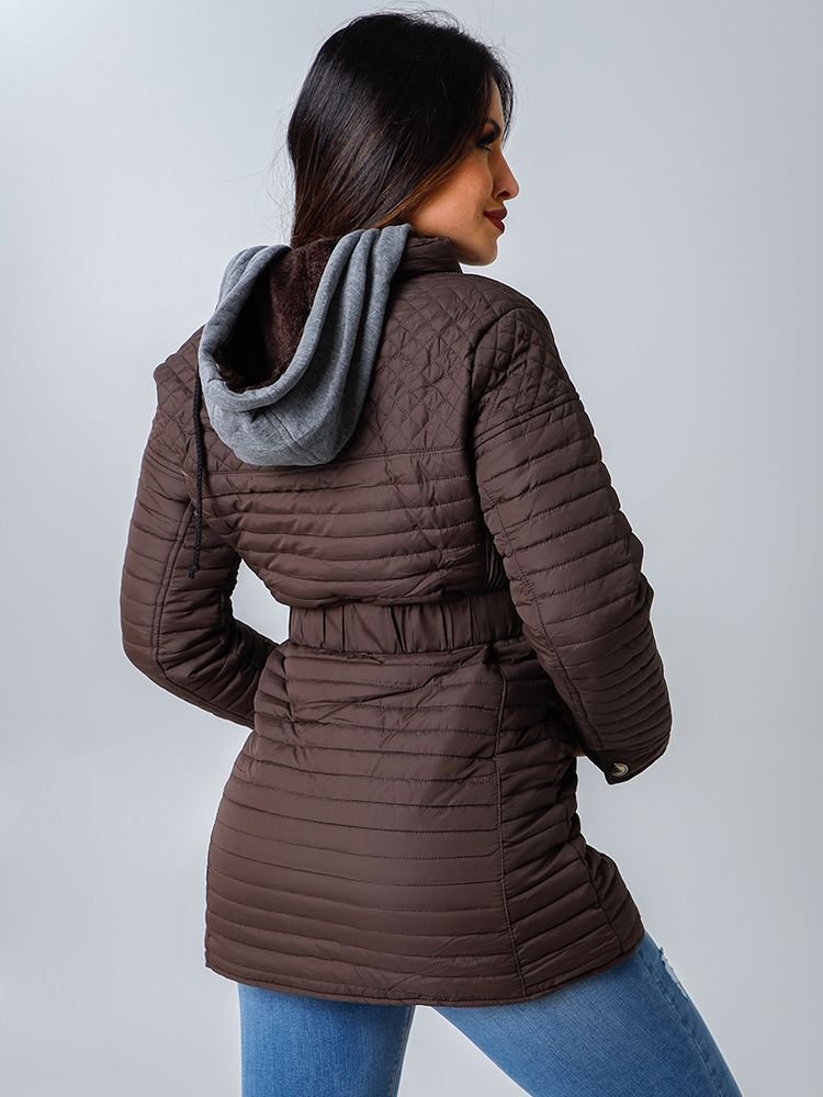 Sobretudo Feminino Nylon Cinto Elástico com Strass Marrom