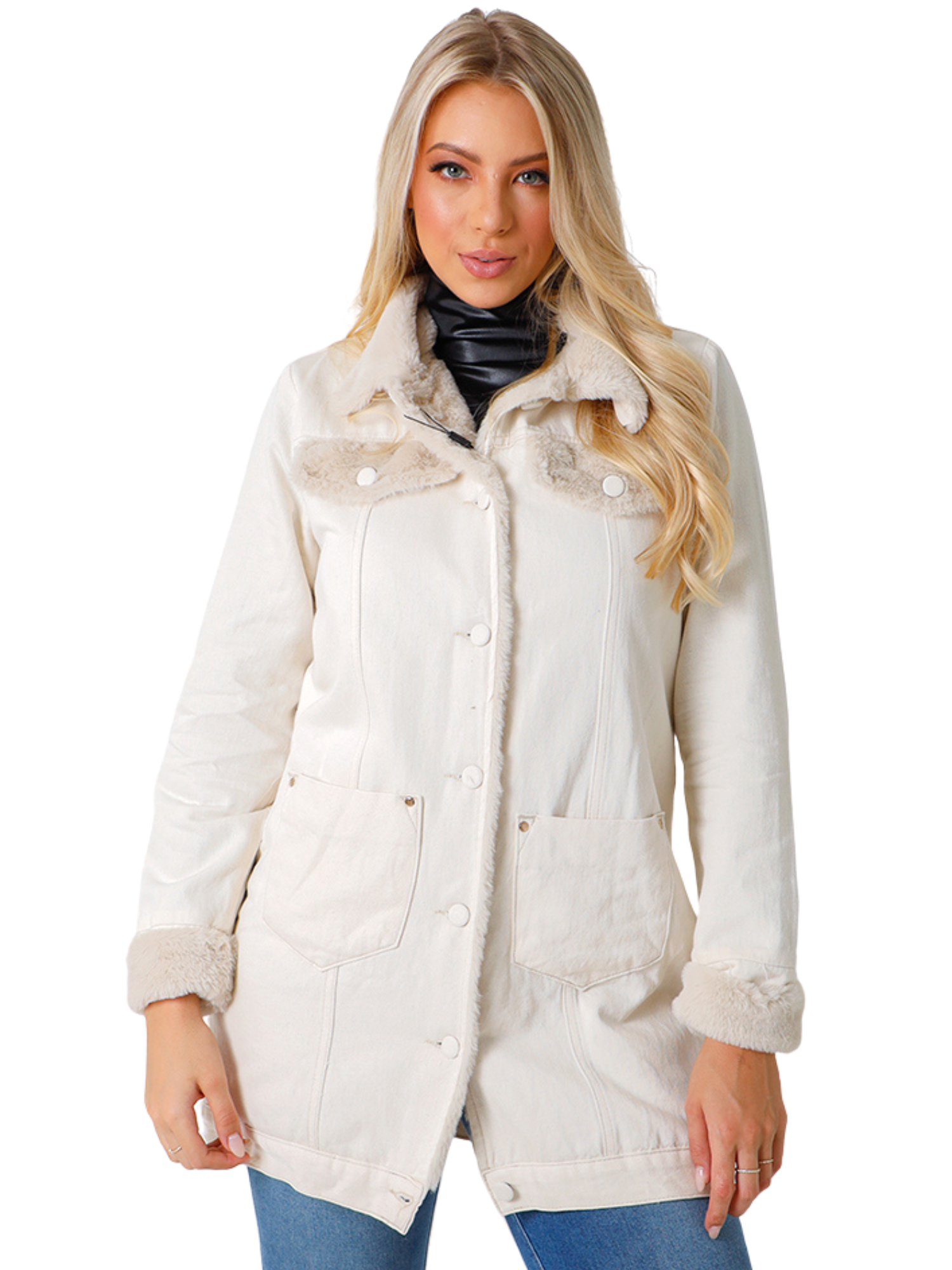 Jaqueta Feminina Over Bolso Frontal Forrada (Off White)