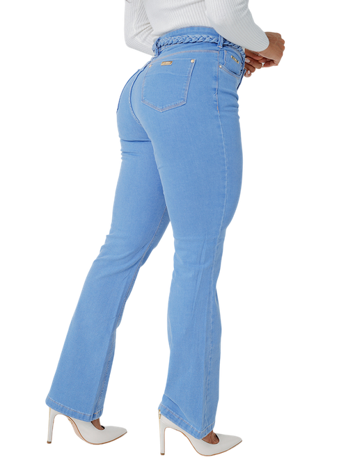 Calça Feminina Jeans Boot Cut Cinto Trançado (Azul Claro)