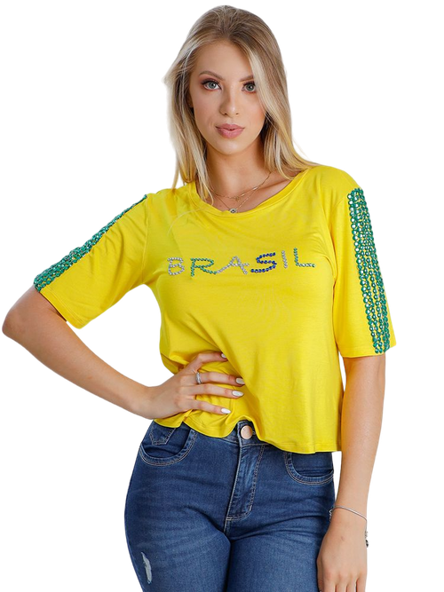Camiseta T-Shirt Feminina Manga 3/4 Brasil (Amarelo)