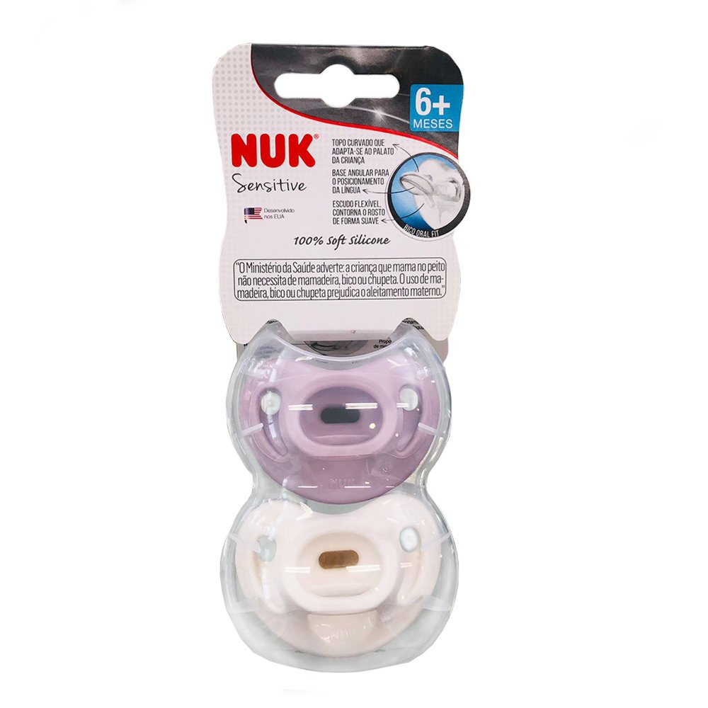 Chupeta Nuk Sensitive Soft 100% Silicone (6M+) Embalagem Dupla Lilás/Branco