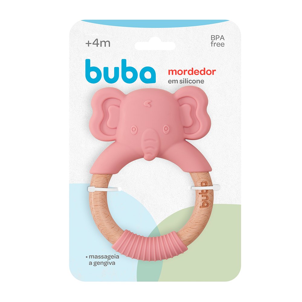 Mordedor Buba em Silicone e Bambu Texturizado (4M+) Elefante Rosa