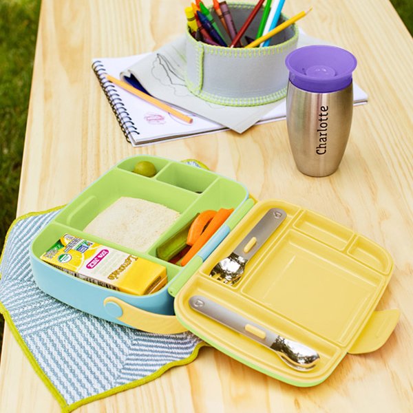 Lancheira Munchkin Bento Box com Talheres (18M+) Verde, Azul e Amarelo