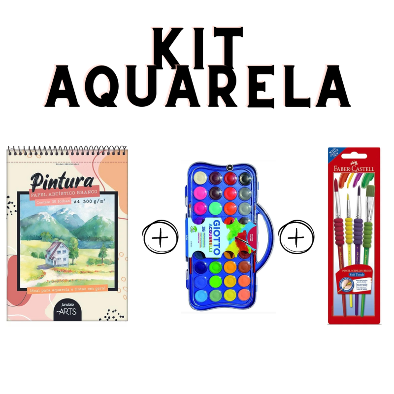 Kit Bloco De Papel Artístico 300G + Aquarela 36 Cores + Kit Pincel Soft ...