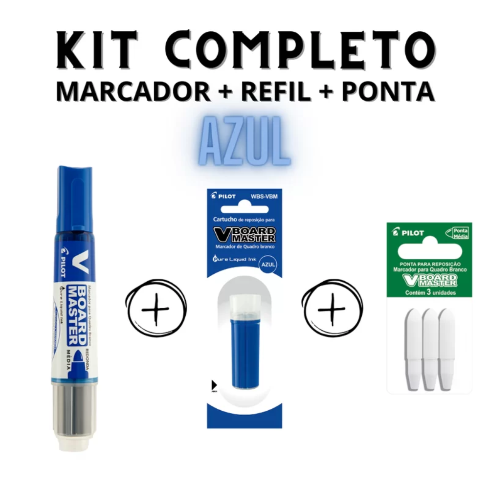 Kit Marcador Para Quadro Branco + Refil + Ponta PILOT V-Board Master - Azul
