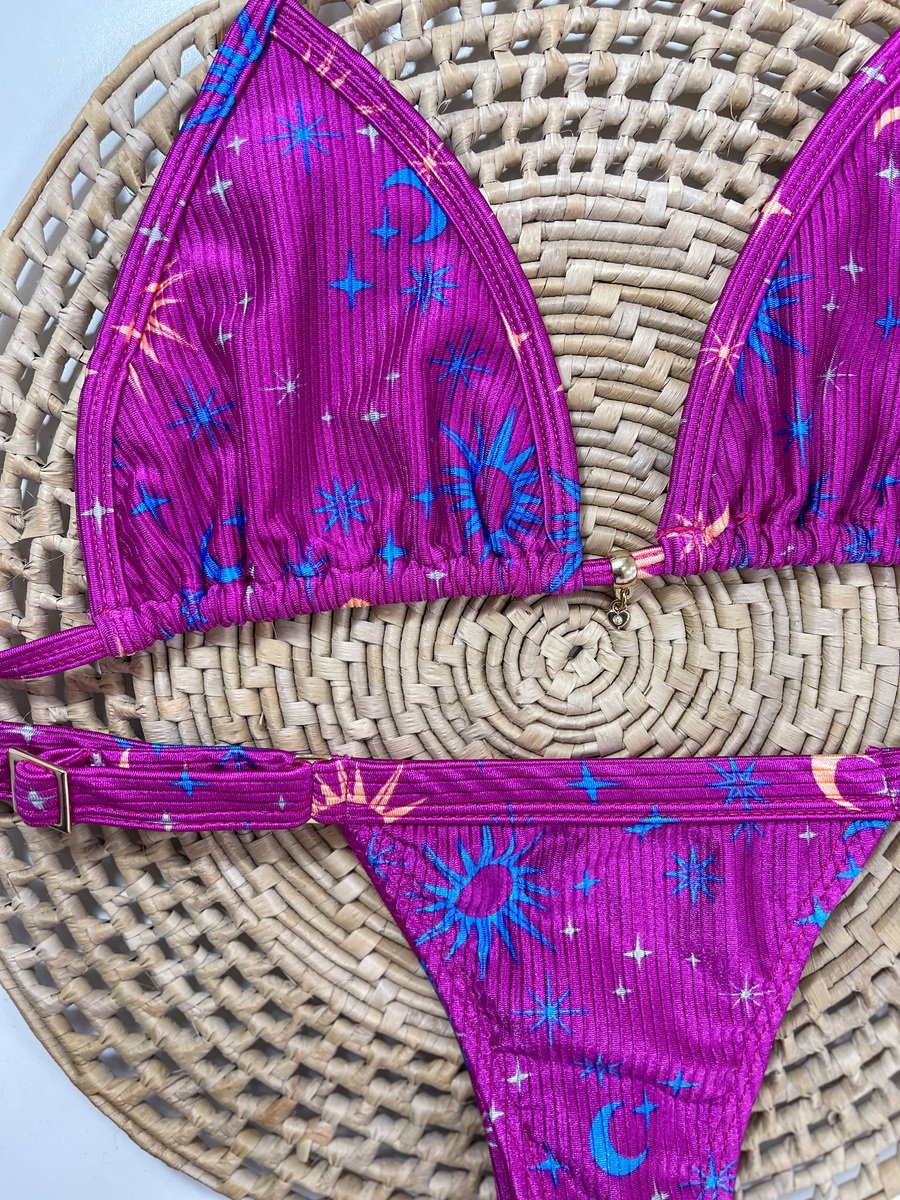 Conjunto Biquíni Canelado Cortininha Fita Astros Roxo