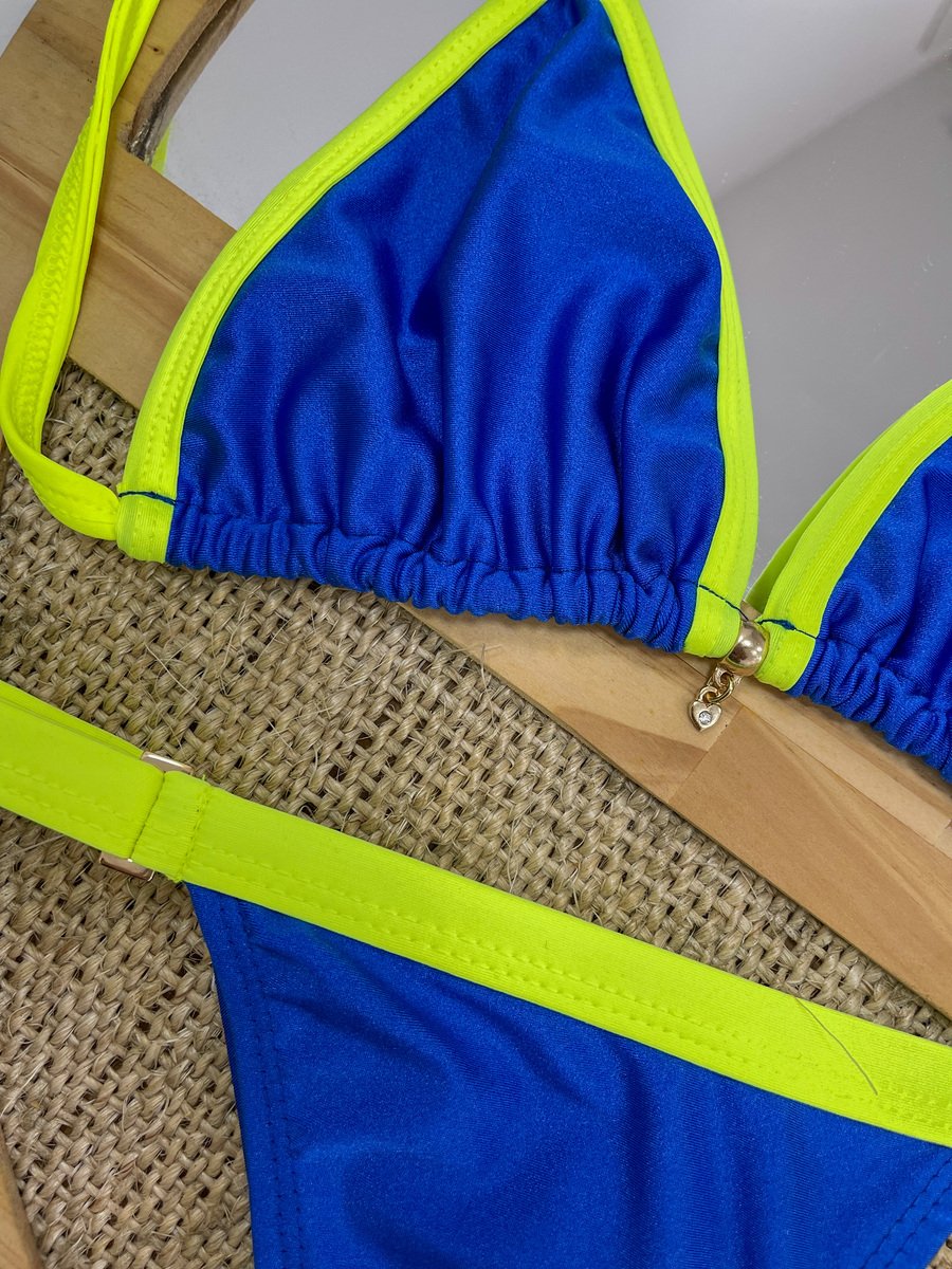 Conjunto Biquíni Cortininha Fita Azul + Verde Neon