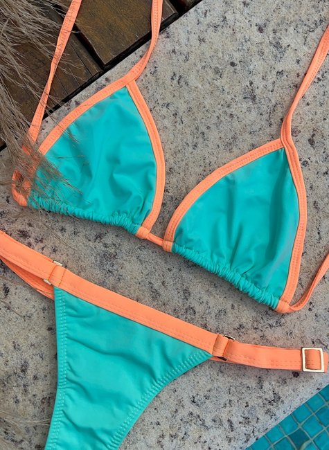 Conjunto Biquini Cortininha Fita Verde Menta e Laranja