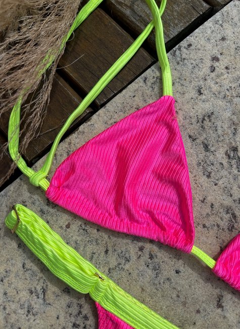 Conjunto Biquini Canelado Cortininha Fita Rosa E Verde Neon