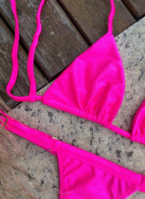 Conjunto Biquini Canelado Cortininha Fita Rosa