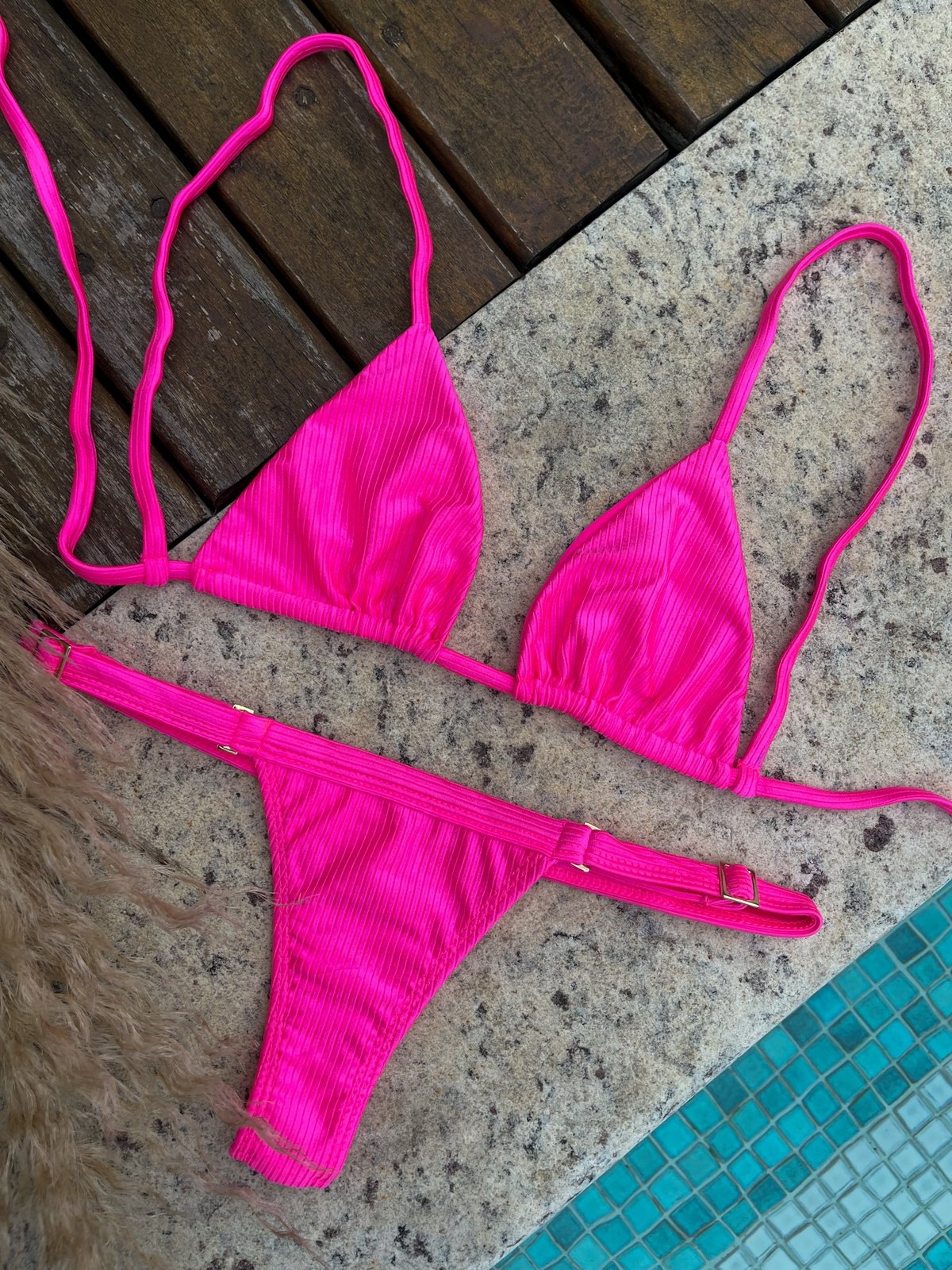 Conjunto Biquini Canelado Cortininha Fita Rosa