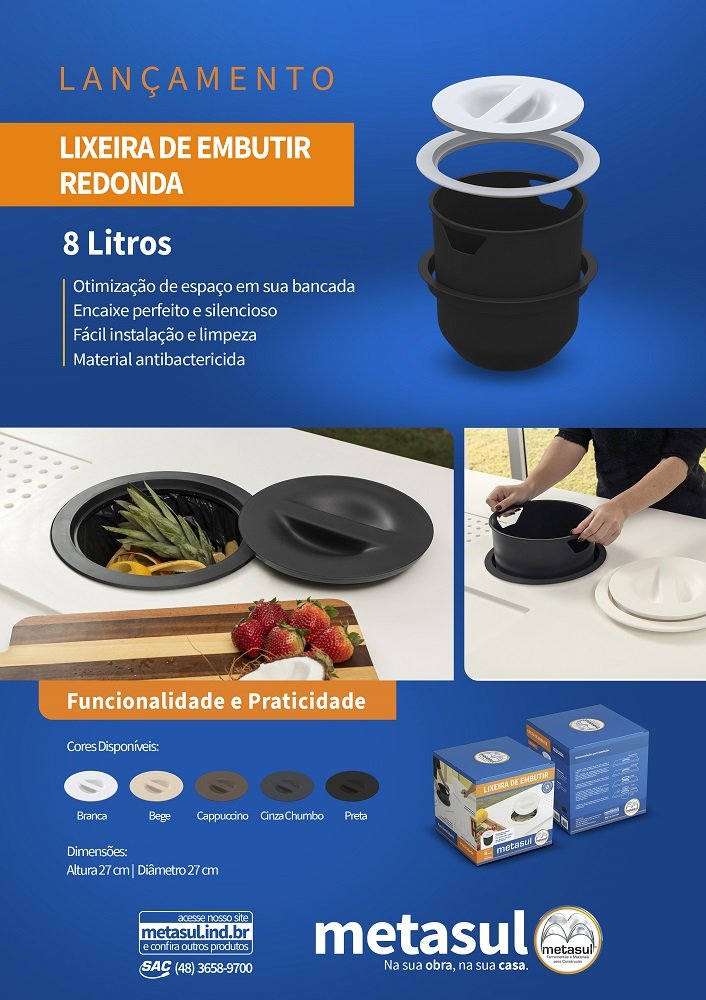 Lixeira Pia Cozinha Embutir Granito 8L Redonda Branca Metasul!