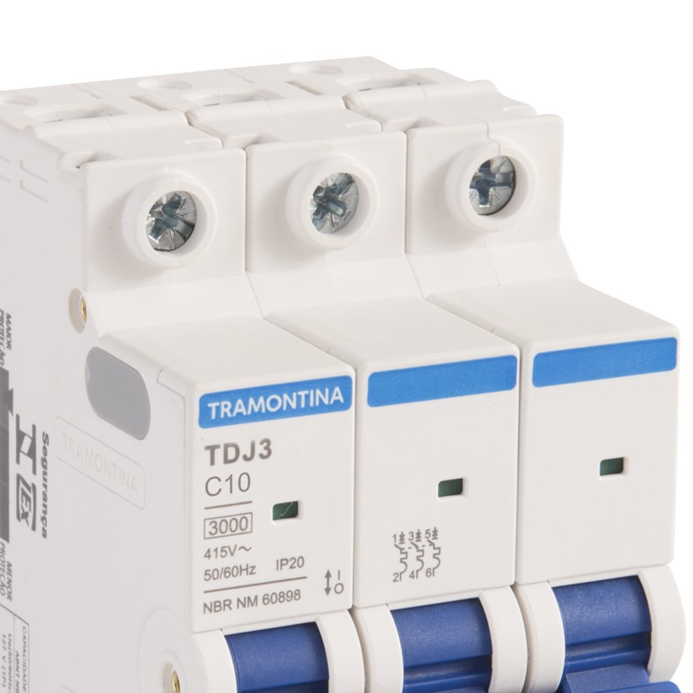 Disjuntor Tripolar DIN 3P 10A Branco TDJ3 3kA com Curva C Tramontina