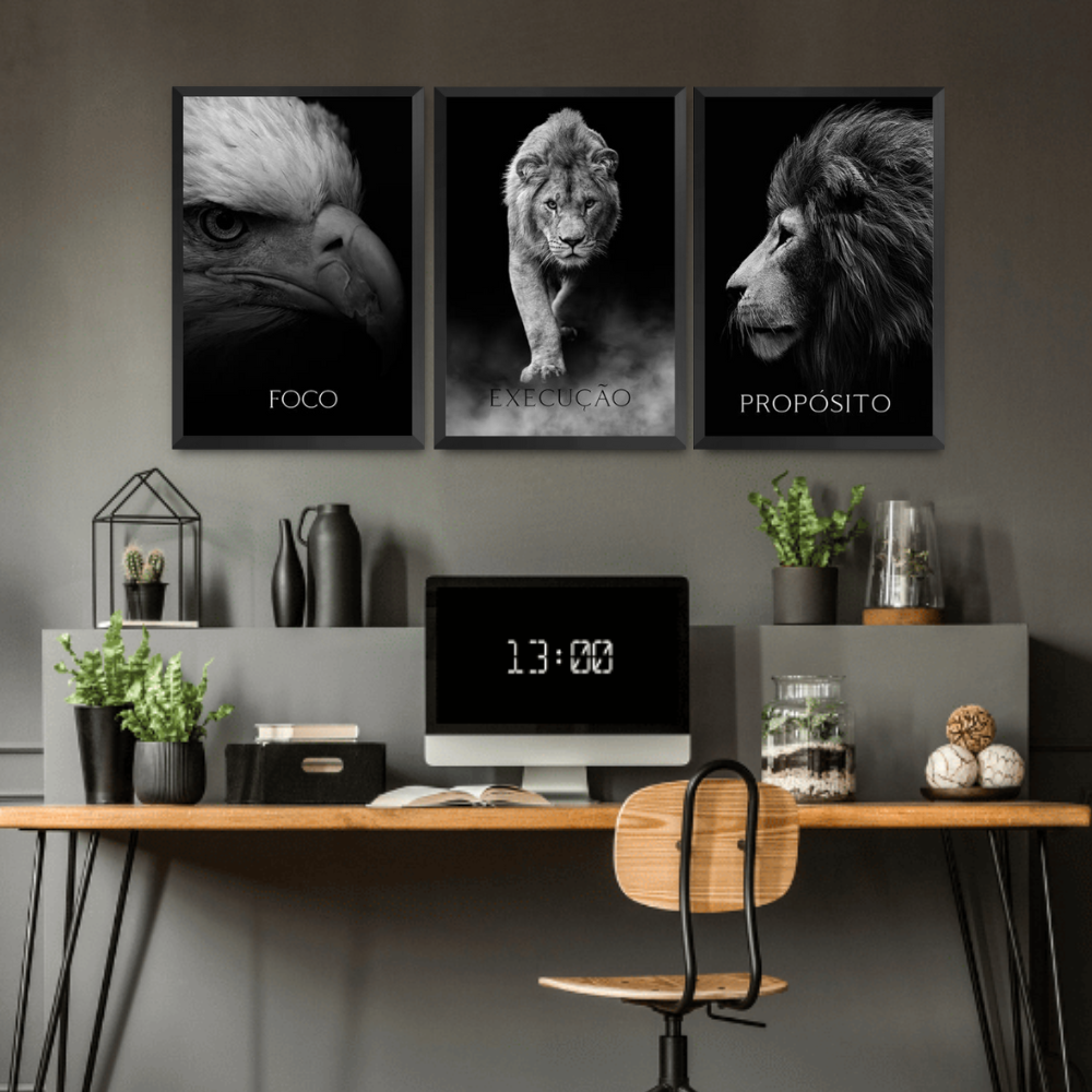 Trio de Quadros Escritório Moderno Animais Motivação