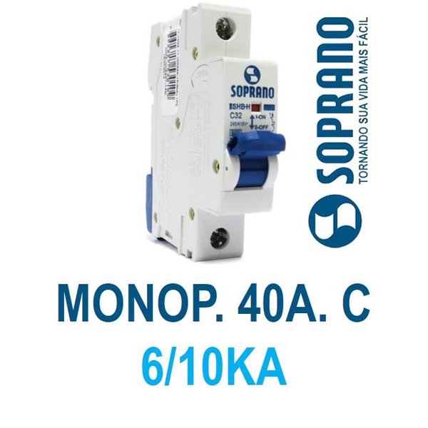 Disjuntor Monopolar 40A Curva C DIN 6/10KA - Soprano