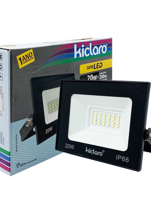 Refletor LED SMD Holofote 20w Prova D'água Bivolt Aluminio Externo IP66 Kiclaro Branco Frio - 6500K