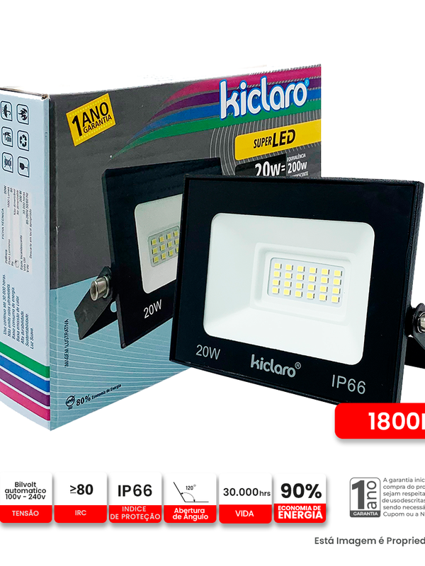Refletor LED SMD Holofote 20w Prova D'água Bivolt Aluminio Externo IP66 Kiclaro Branco Frio - 6500K