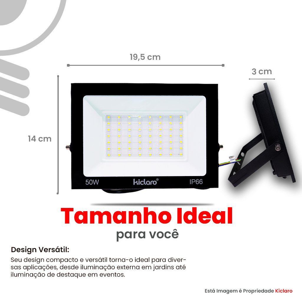 Refletor LED SMD Holofote 50w Prova D'água Bivolt Aluminio Externo IP66 Kiclaro Branco Frio - 6500K