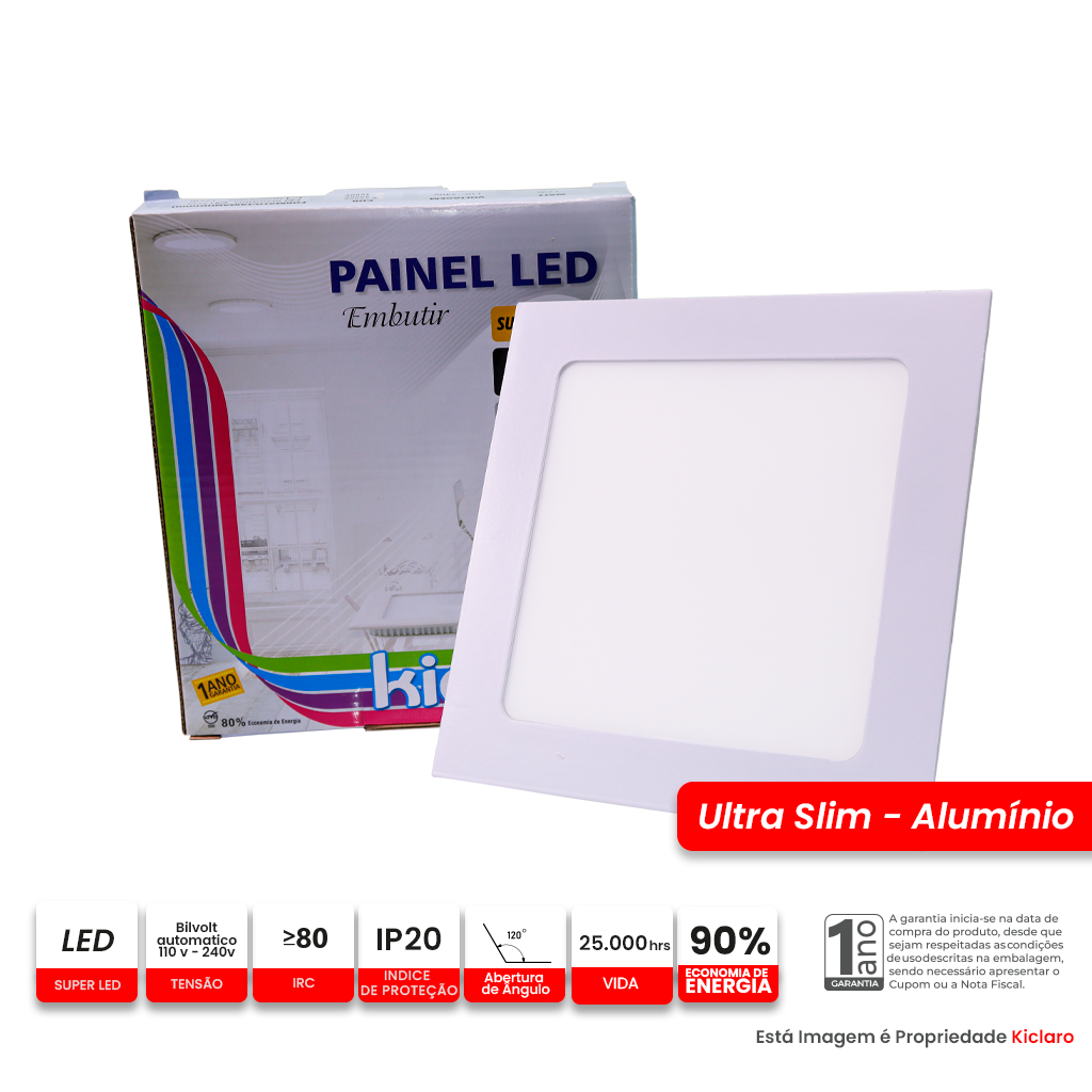 Painel Led Quadrado 18W Embutir 22x22 Bivolt Alumínio | Kiclaro - Neutro - 4000K