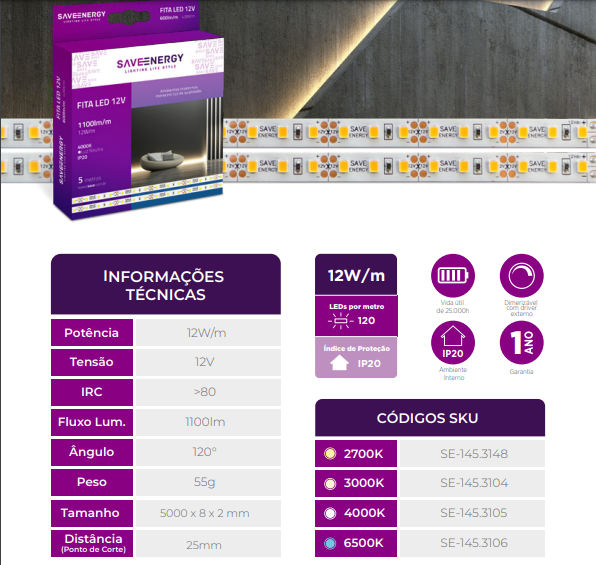 Fita LED Save Energy 12w 1100 Lúmens 12v IP20