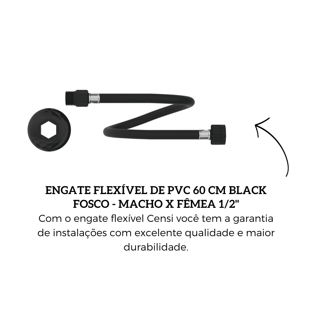 Engate Flexivel Pvc Rabicho 1/2 60Cm Preto Fosco Censi