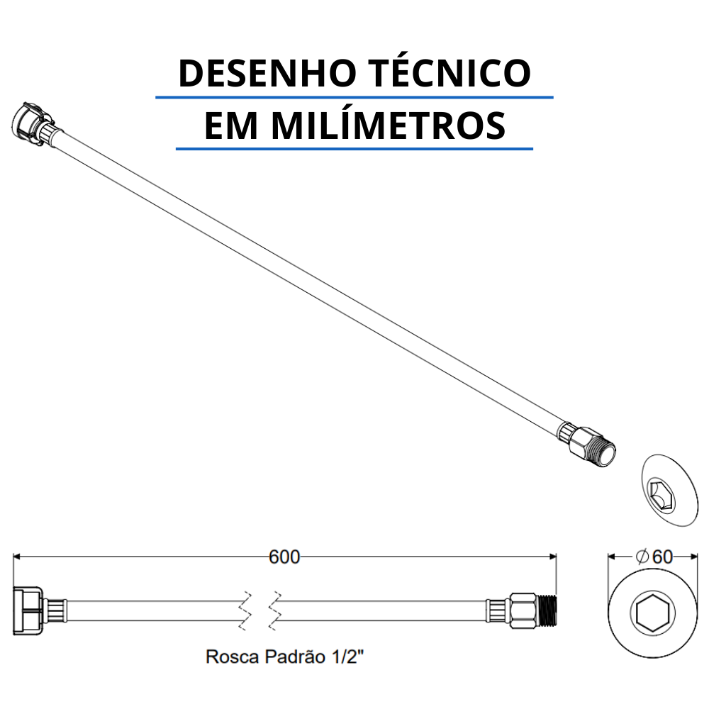 Engate Flexivel Pvc Rabicho 1/2 60Cm Preto Fosco Censi