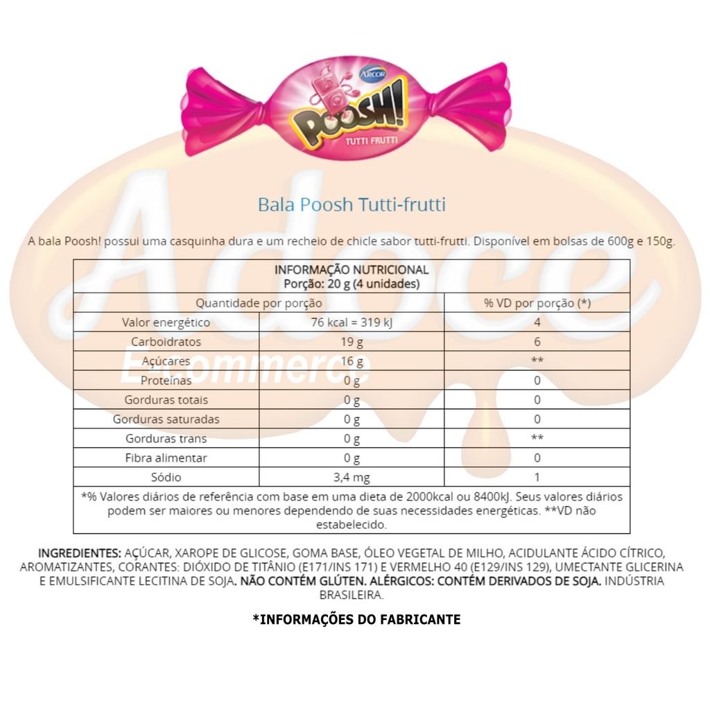 Bala Chicle Poosh Tutti Frutti Arcor 500g