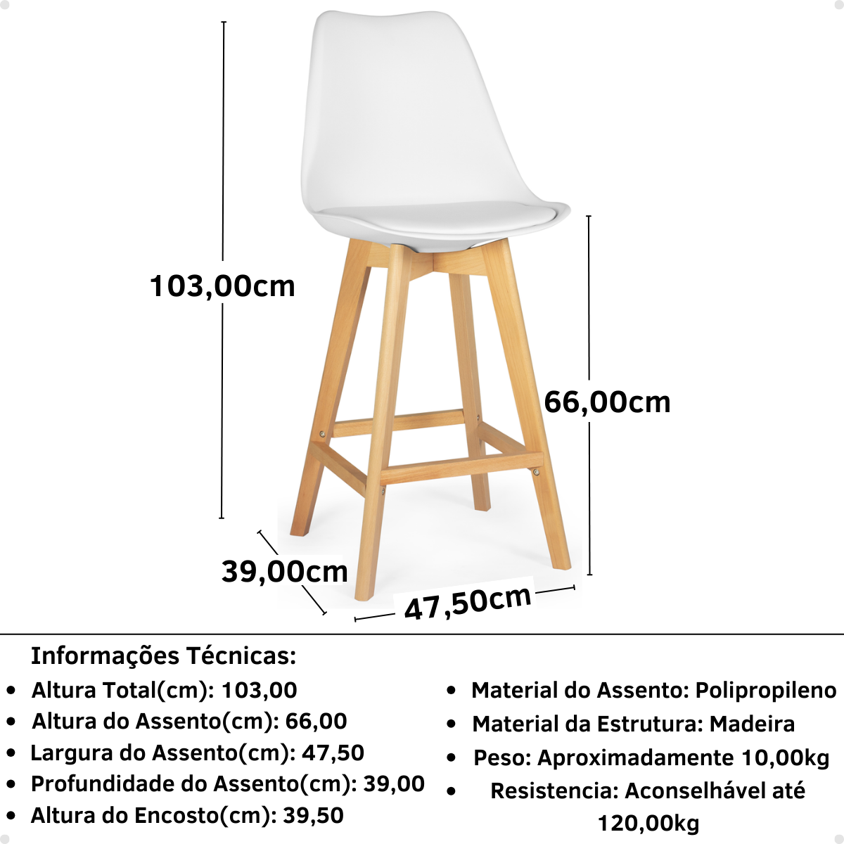 Banqueta Alta Leda Base Madeira com Encosto Branco