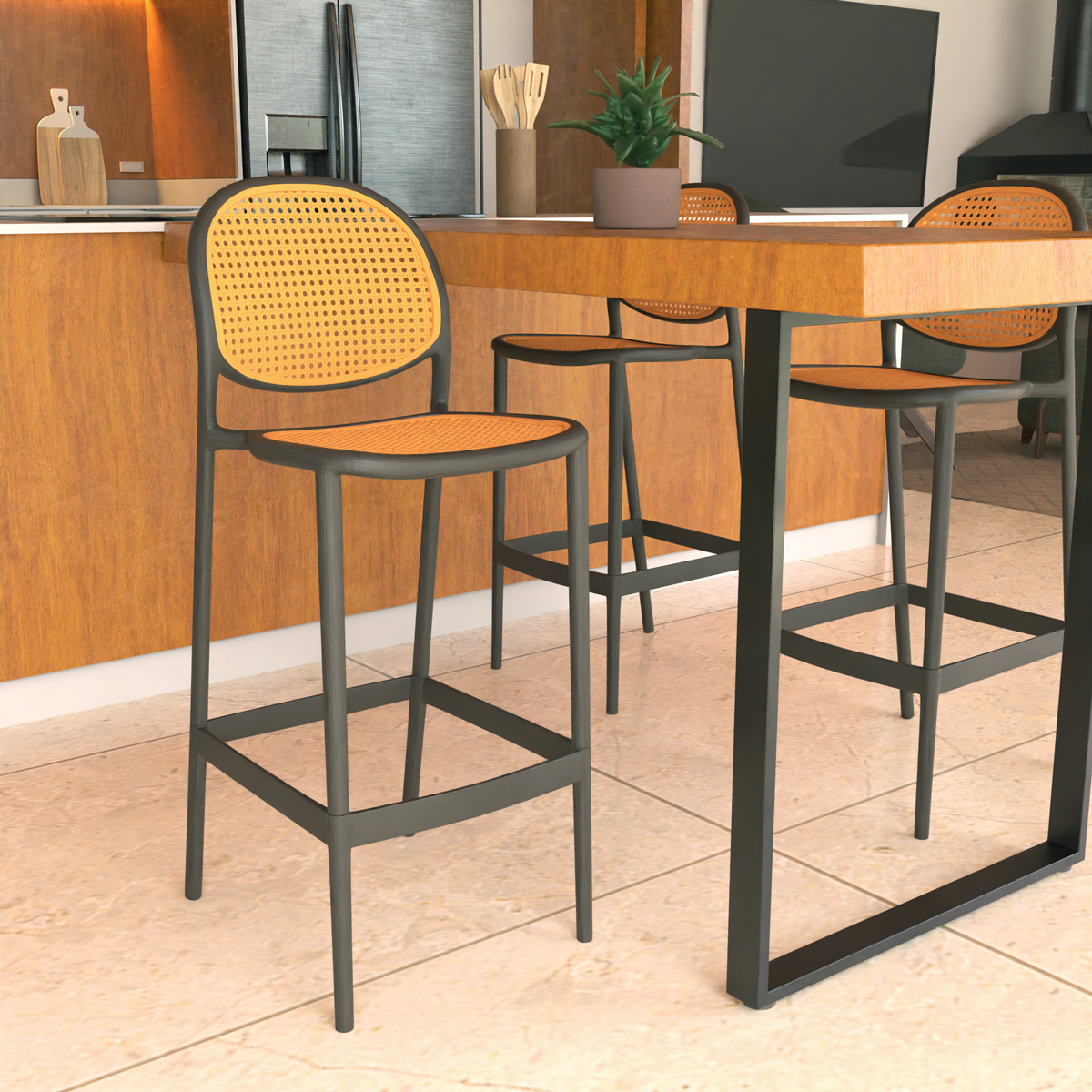 Banqueta Alta com Encosto Roma em Polipropileno Preto