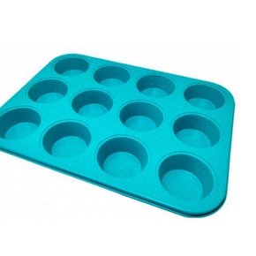 FORMA PARA 12 CUPCAKES EM AÇO CARBONO 35X26X3CM E 12 FORMAS DE SILICONE