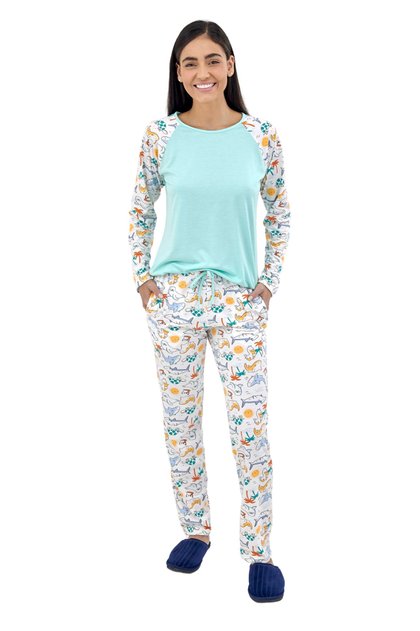 Pijama Feminino Inverno Longo Adulto em Malha - Fundo do Mar