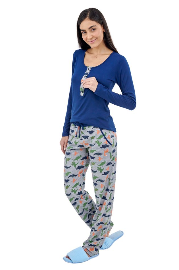 Pijama Feminino Amamentação Longo - Dinossauros Marinho