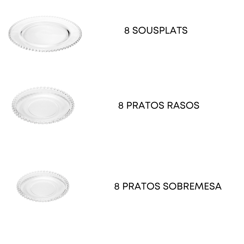 Kit 8 Pratos Rasos + 8 Pratos Sobremesa + 8 Sousplat Pearl Bolinha Wolff