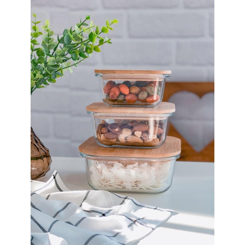 Combo Kit 3 Potes Vidro com Tampa Bambu