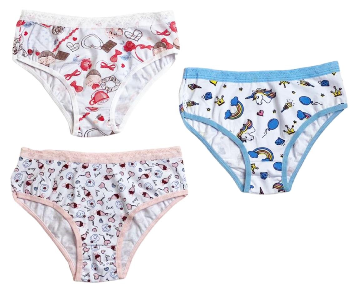 Kit 3 Calcinhas Infantil Estampada Com Renda - Sortidas Sortidas