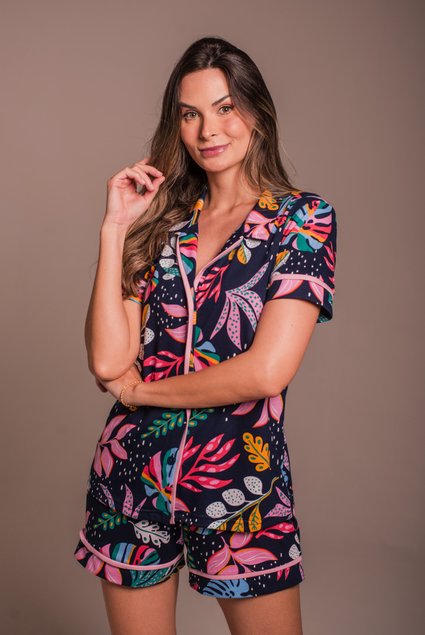 Conjunto Pijama Americano Curto Adulto Feminino Preto Filete Rosa Neon