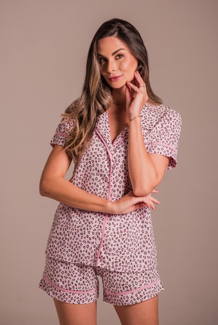 Conjunto Pijama Americano Curto Adulto Feminino Preto Filete Rosa Neon