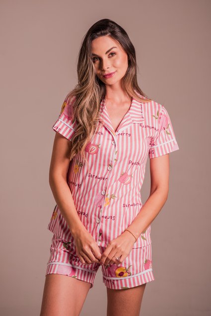 Conjunto Pijama Americano Curto Adulto Feminino Preto Filete Rosa Neon