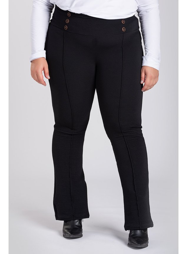 Calça Montaria Plus Size Flare Detalhes Botão Cós Malha Turim Trapeado ...