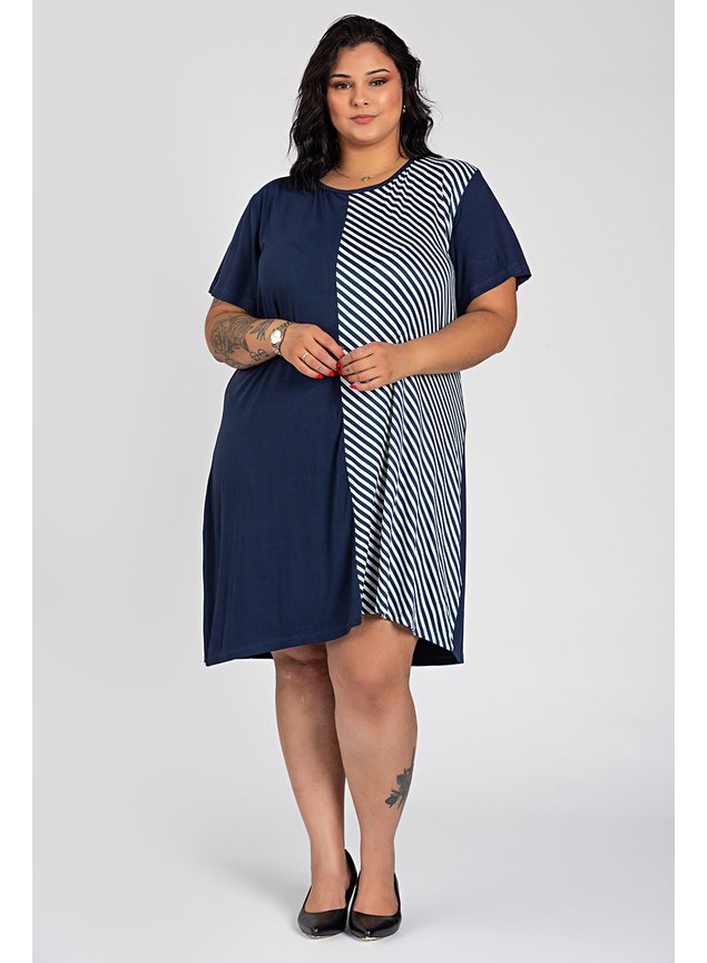 Vestido Plus Size Malha Viscose c/ Suede Listrado Sublimado - Serena