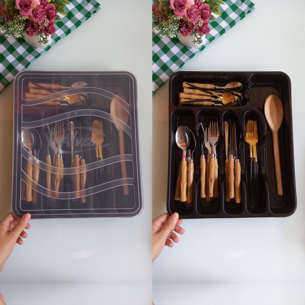 Porta Talheres com Tampa/6 divisórias - Alves Plastic - Preto l ModoMix